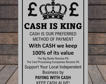 CASH IS KING Customer Notice Shop Sign Counter Sign Cafe Sign Please ...
