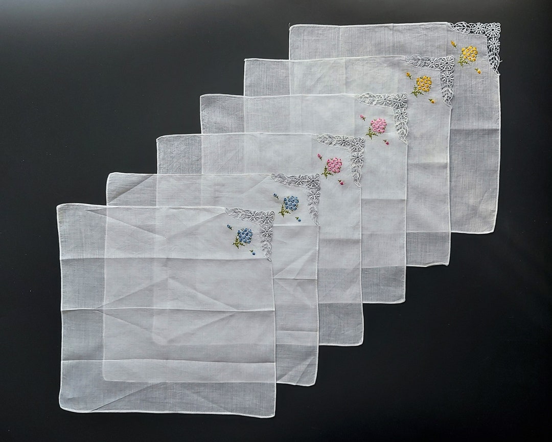 Set of Six Vintage 10” Cotton Handkerchiefs Embroidered With Pretty ...