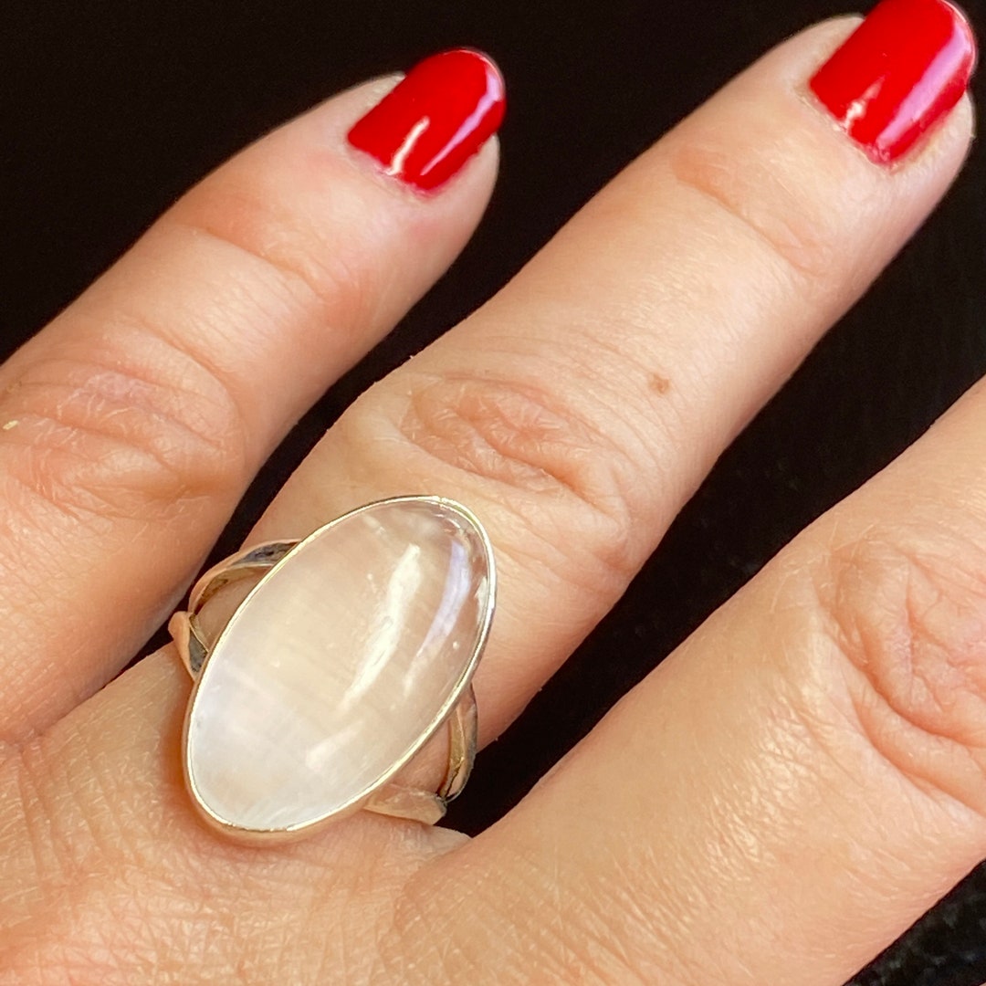 Selenite Ring, White Oval Shape Selenite Ring, Handmade Sterling Silver ...