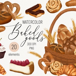 Watercolor Baked Goods Clip Art of Bread Cakes Desserts. | Etsy
