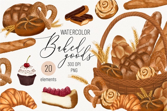 Watercolor Baked Goods Clip Art of Bread Cakes Desserts. | Etsy