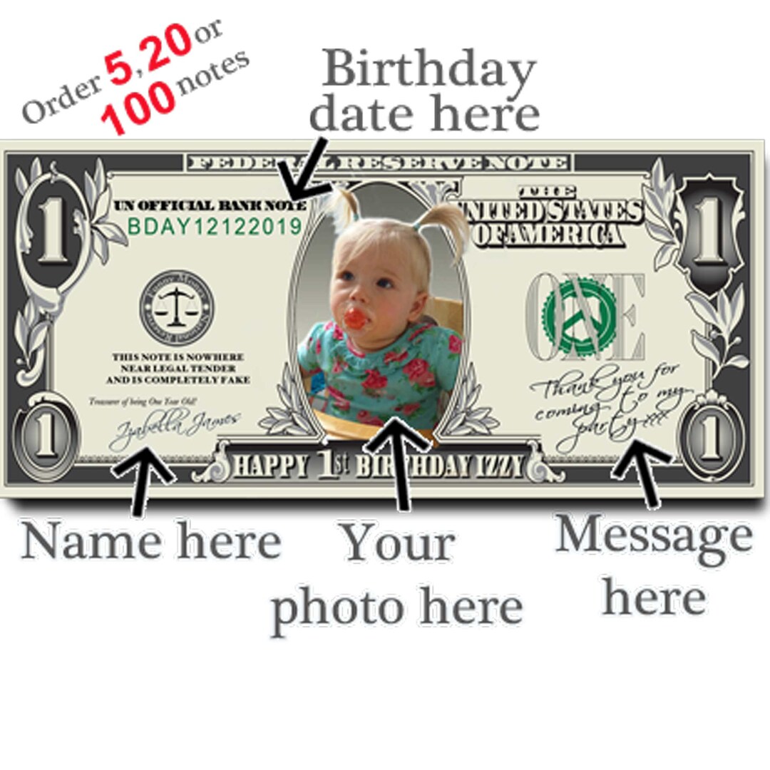 First Birthday Photo Gift Personalised One Dollar Bills Baby's Thank ...
