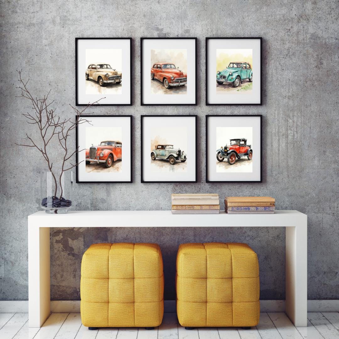 Set of 6 Vintage Car Prints | Retro Classic Car Wall Art | Antique ...