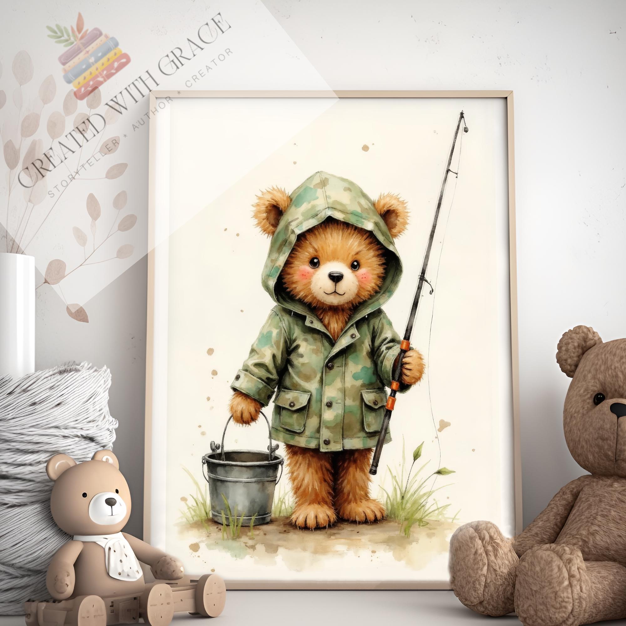 Teddy Bear Fishing Nursery Prints, Camping Nursery Wall Art, Kids ...