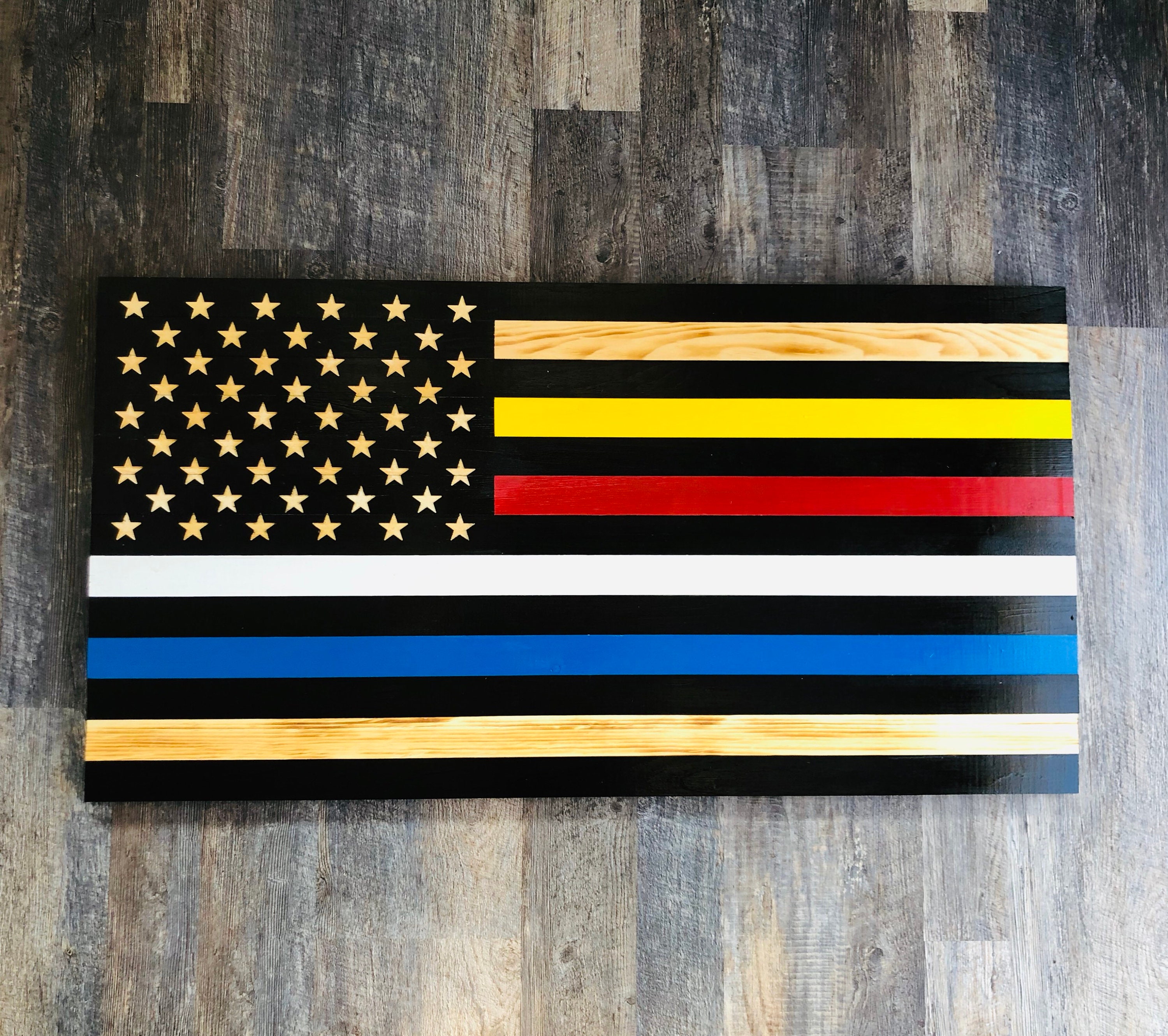 Charred Wooden All First Responders Thin Line American Flag with Carved ...