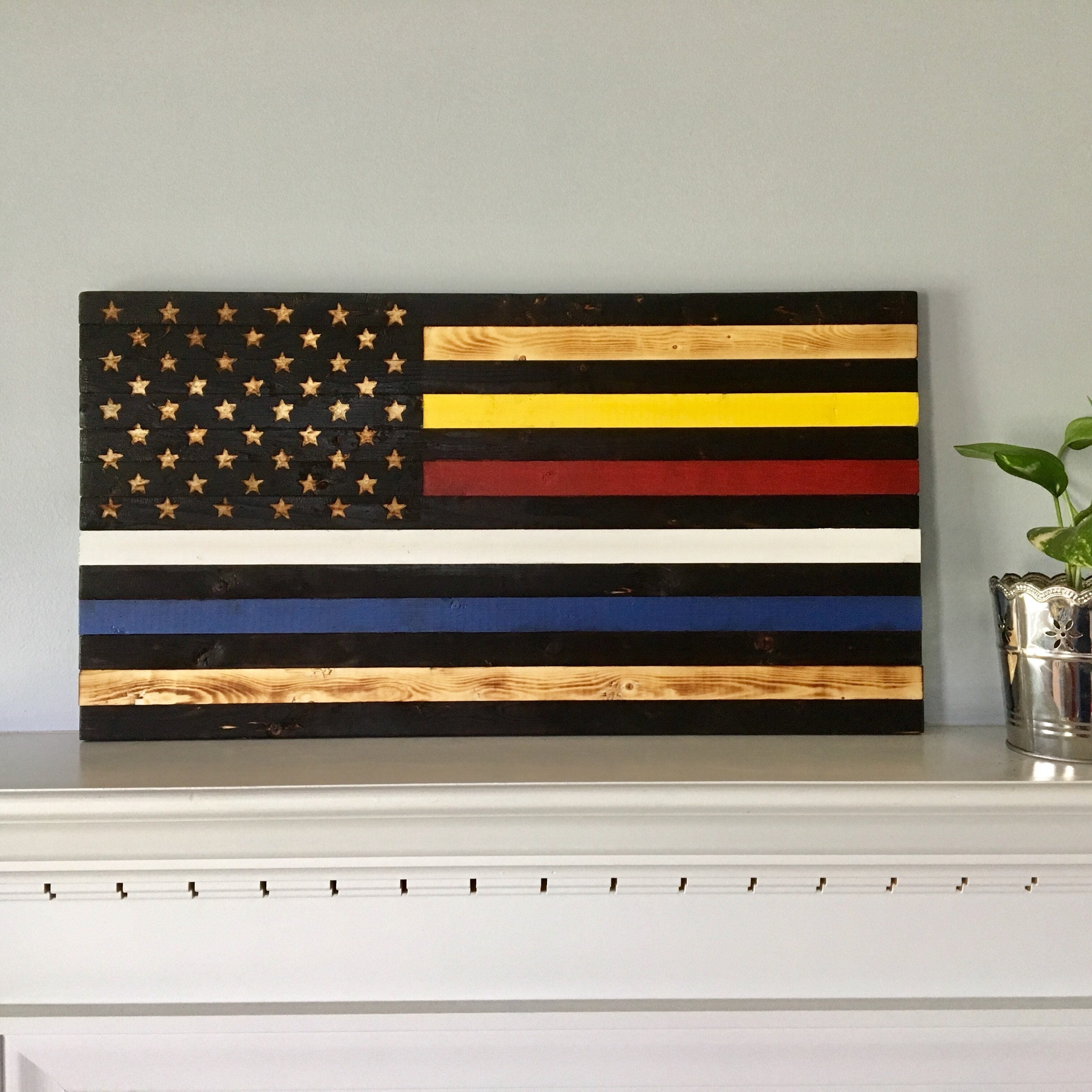Charred Wooden All First Responders Thin Line American Flag with Carved ...