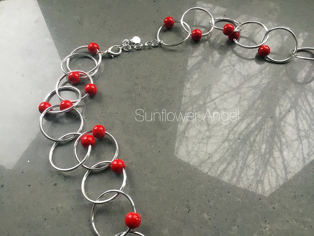 Long Silver Large Link Circular Chain, With Red Beads. - Etsy