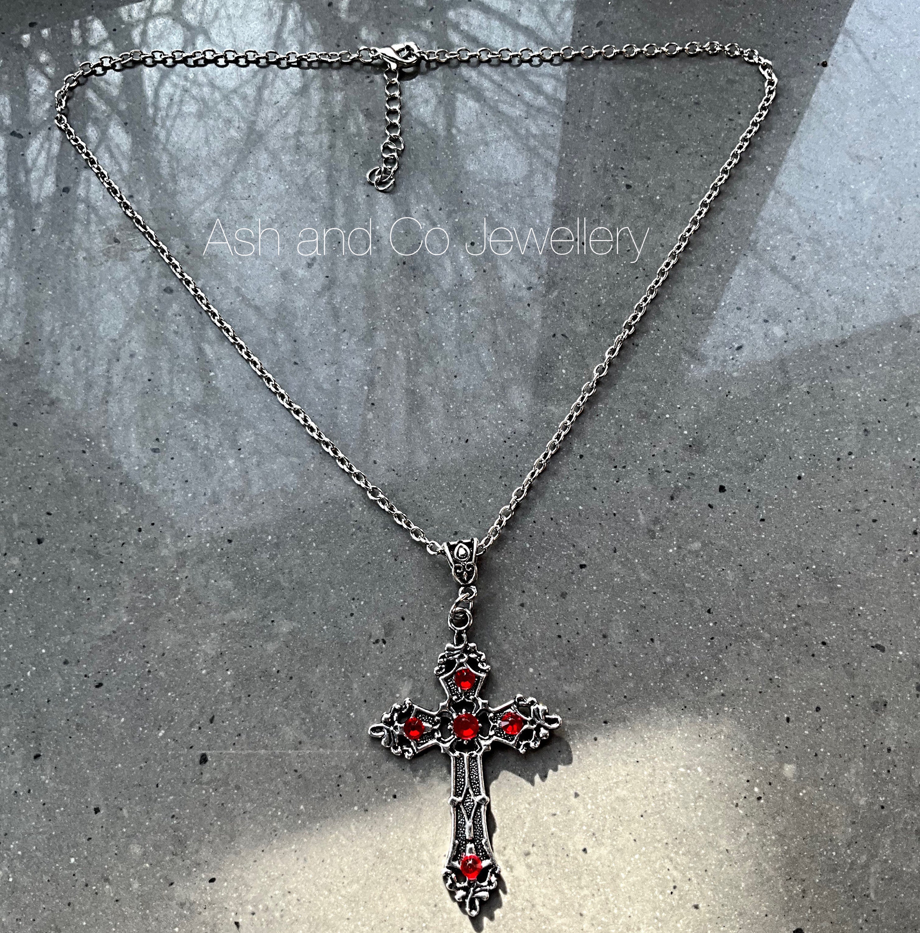 Large Vintage Style Cross, Crucifix Necklace, With Ruby Blood Red ...