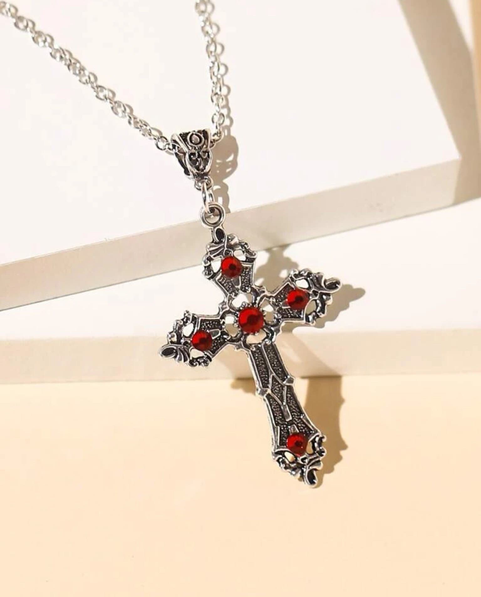 Large Vintage Style Cross, Crucifix Necklace, With Ruby Blood Red ...