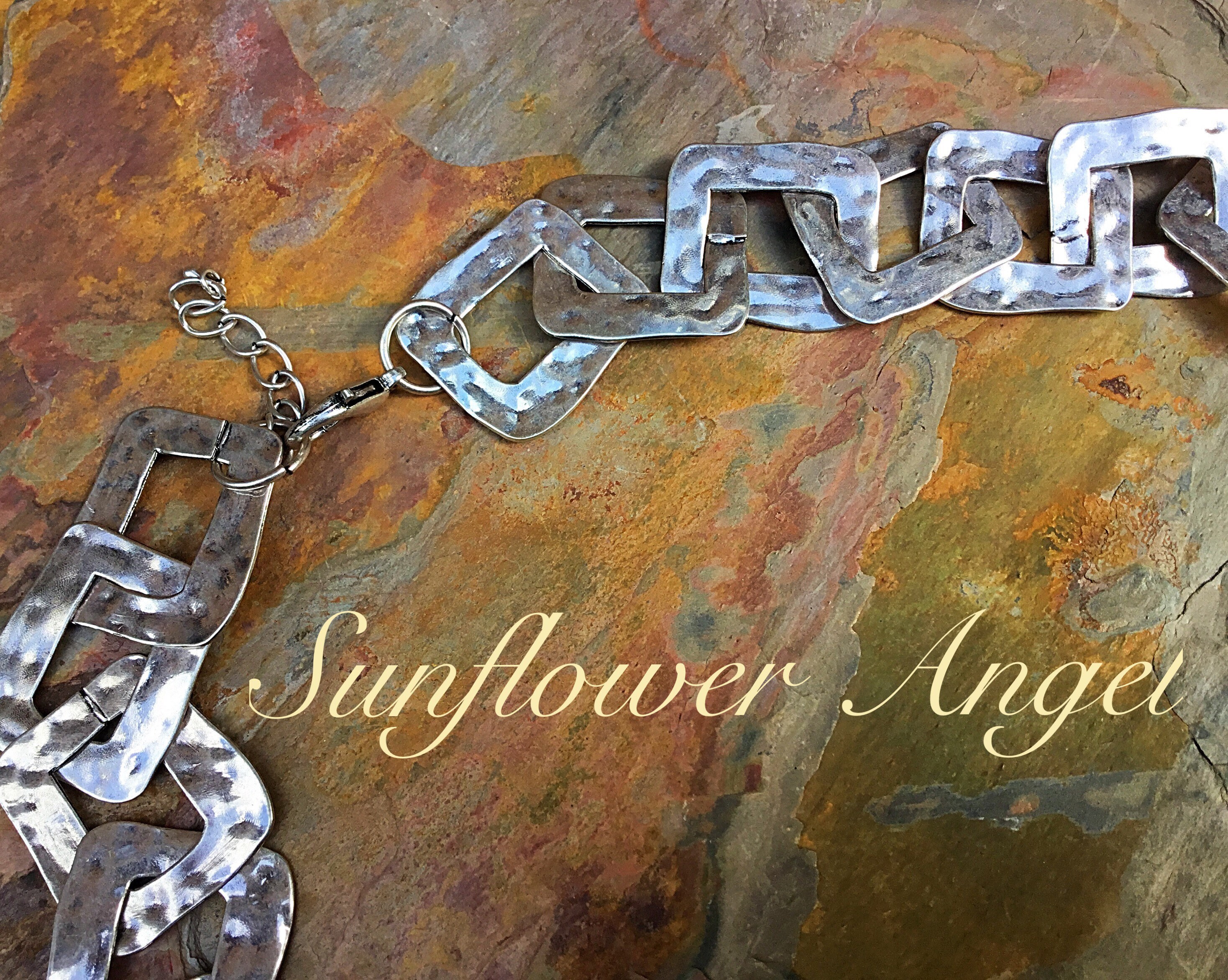 Abstract, Geo Short Style Chain Link Necklace, on Polished Hammered ...