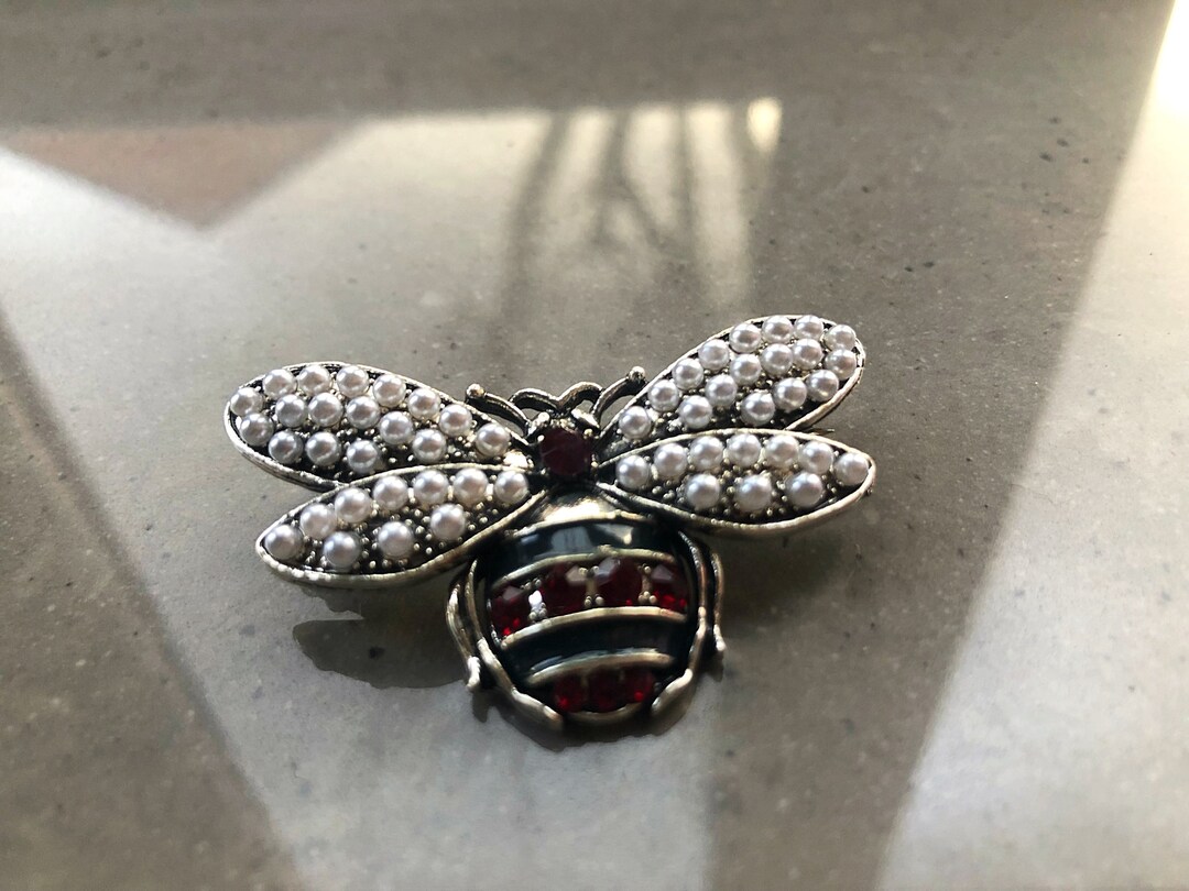 Vintage Style Queen Bee Brooch, Pearl Wings, Red Crystal, Gold or ...