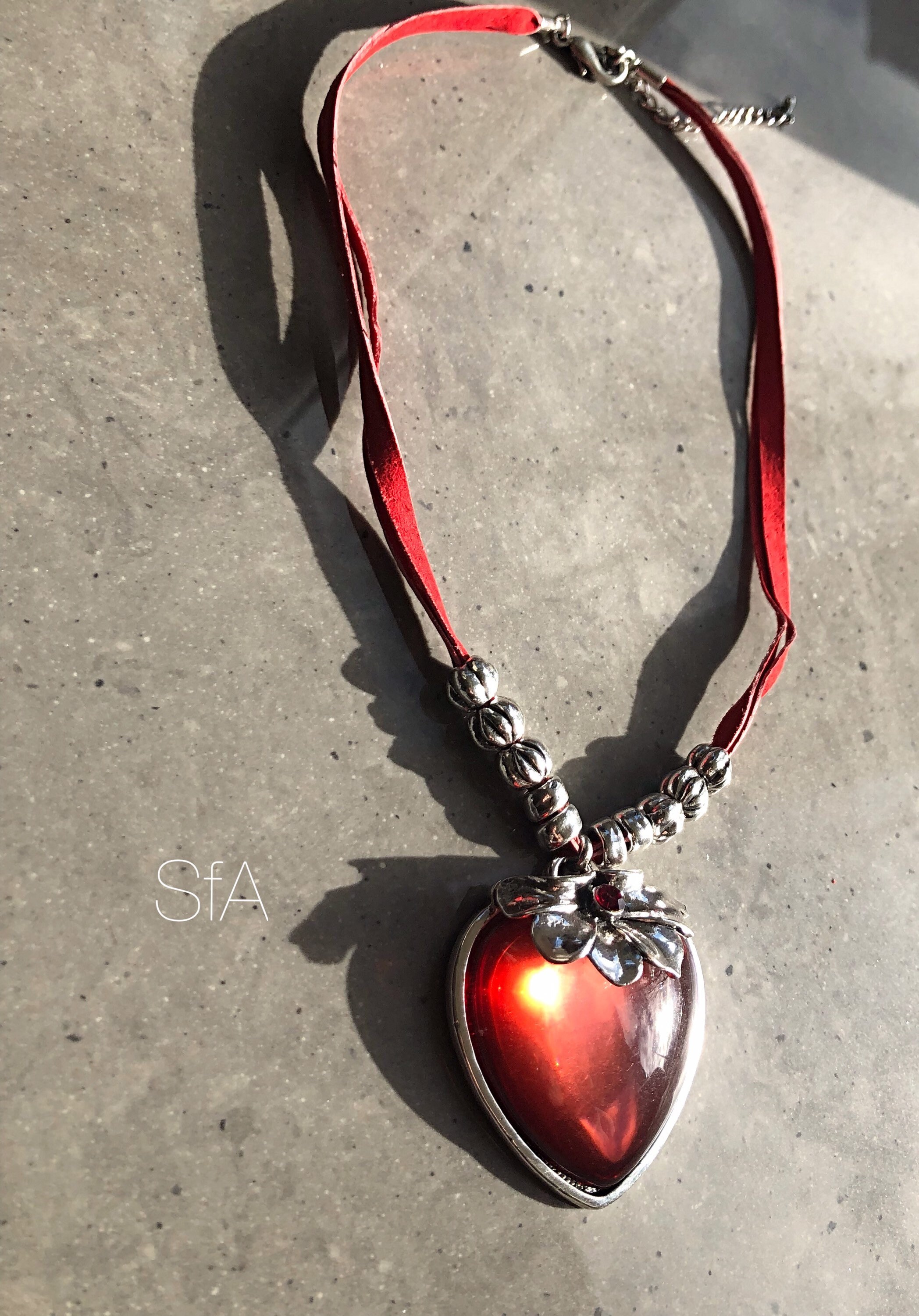 Acrylic Red Heart With Silver Metal Flower on a Red Suedette Necklace ...