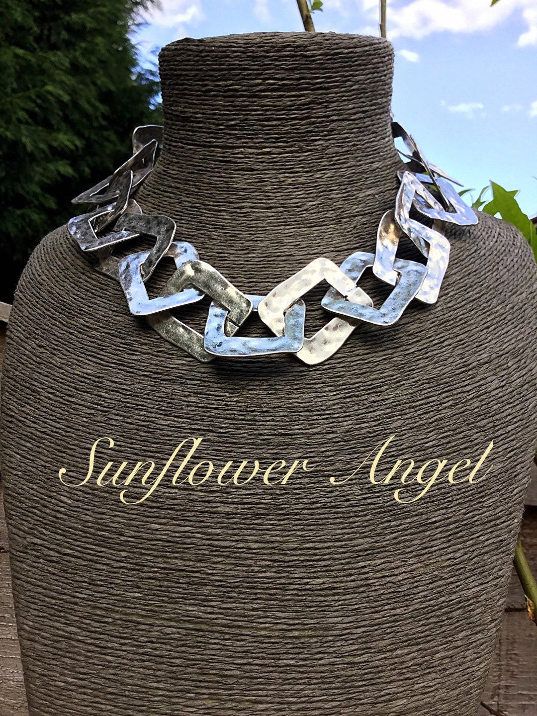 Abstract, Geo Short Style Chain Link Necklace, on Polished Hammered ...