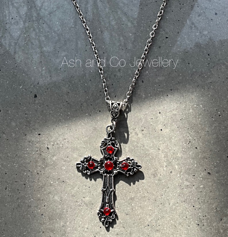 Large Vintage Style Cross, Crucifix Necklace, With Ruby Blood Red ...