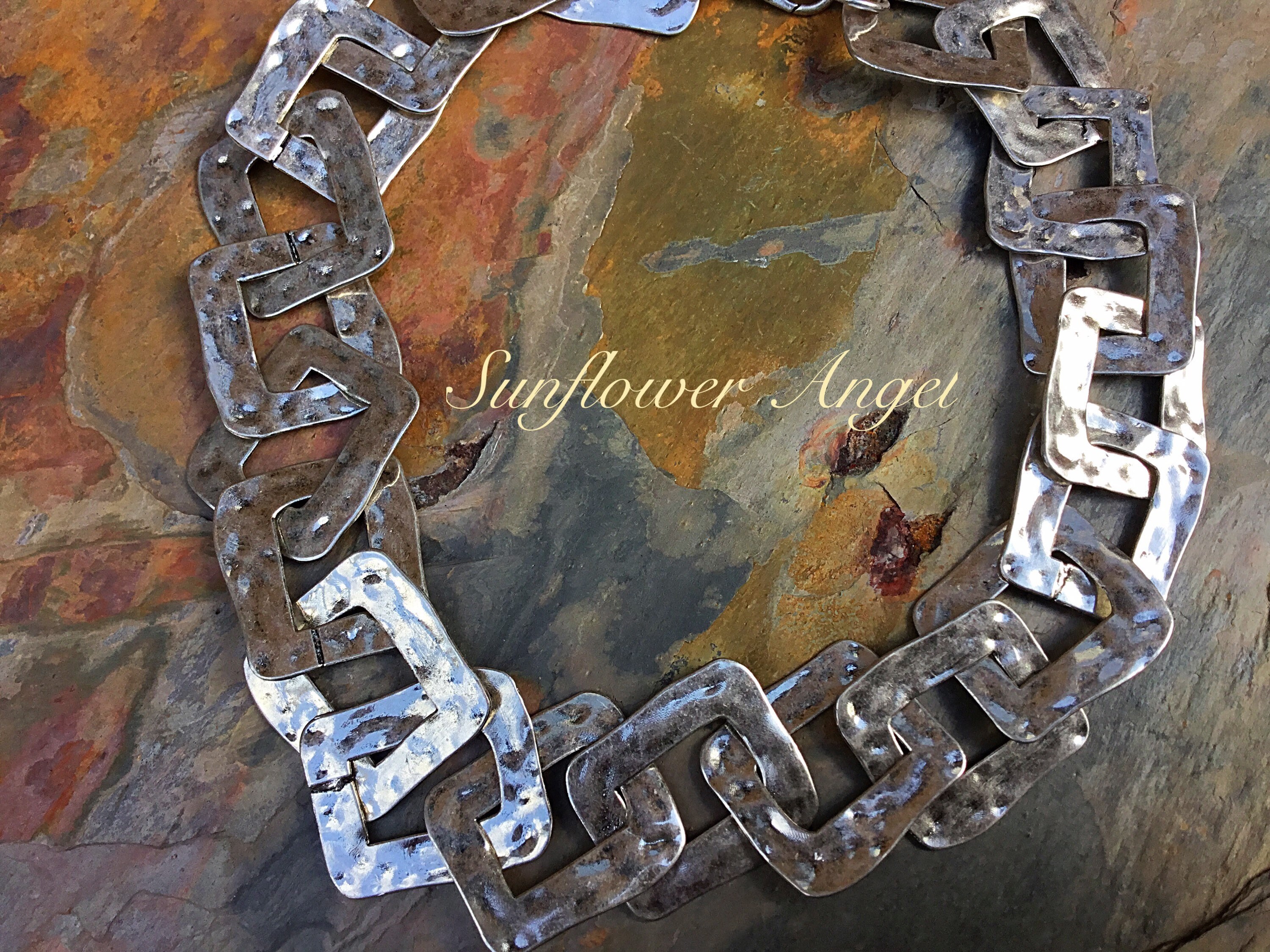 Abstract, Geo Short Style Chain Link Necklace, on Polished Hammered ...