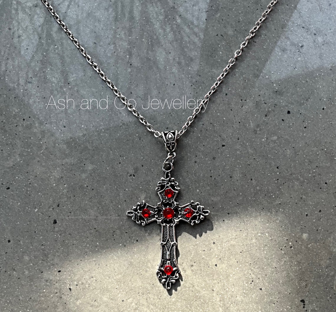 Large Vintage Style Cross, Crucifix Necklace, With Ruby Blood Red ...