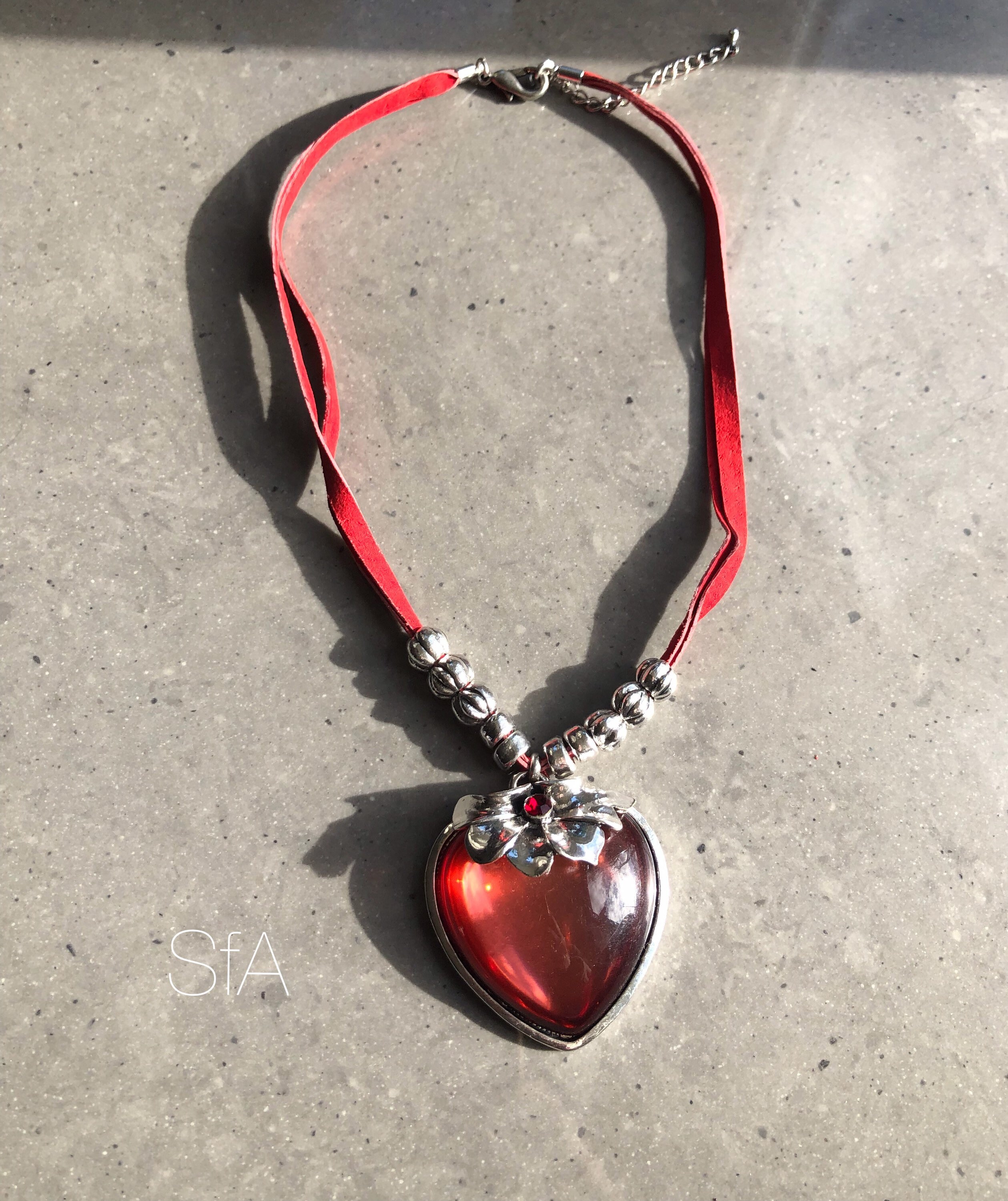 Acrylic Red Heart With Silver Metal Flower on a Red Suedette Necklace ...