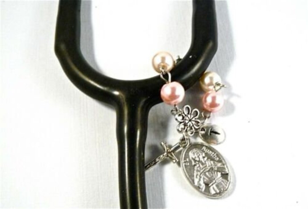 Stethoscope ID Tag Rosary Pink Pearl Choice of Saints Colors Medical St ...