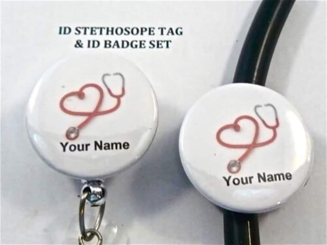 Heart Steth ID Stethoscope Name Tag Reel Badge Set Nurse RN Doctor ...