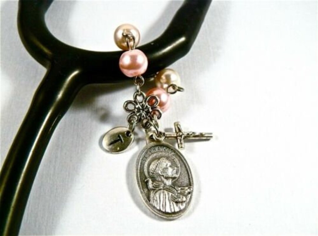 Stethoscope ID Tag Rosary White Pearl Choice of Saints Colors Medical ...