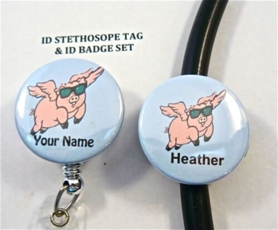 Pigs Fly ID Stethoscope Name Tag Reel Badge Set Nurse RN Doctor ...