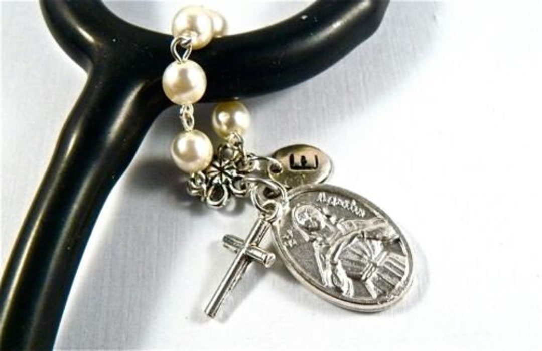 Stethoscope ID Tag Rosary White Pearl Choice of Saints Colors Medical ...