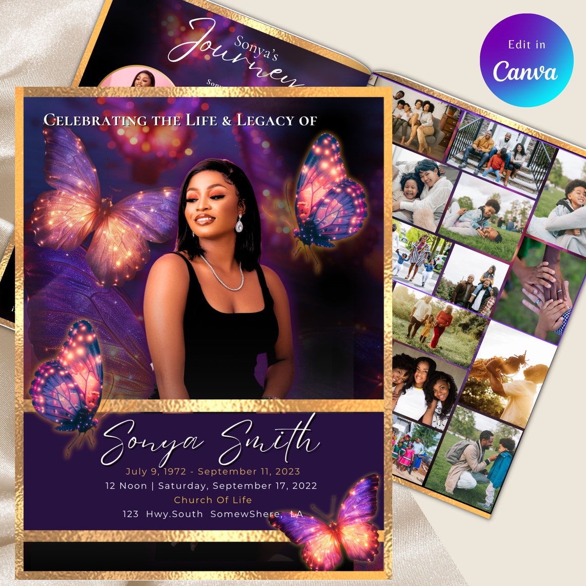 Elegant Butterfly Funeral Obituary Template | Customizable 8-page ...