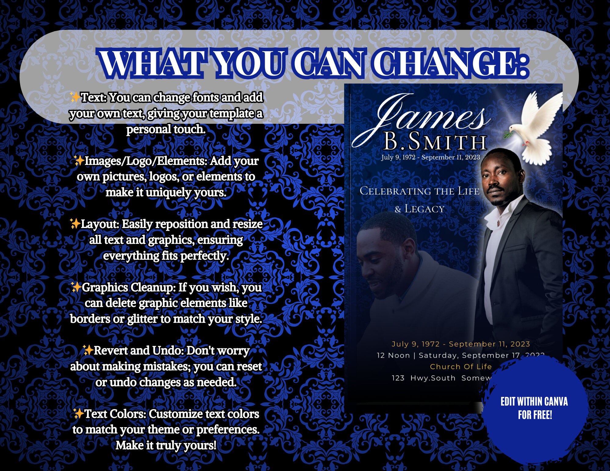 Blue Royalty | Customizable Digital Funeral Obituary Template | Blue ...