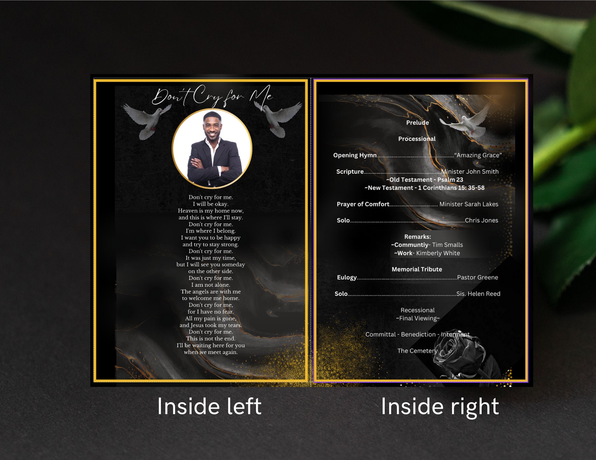 Black and Gold Funeral Memorial Obituary Template Customizable Instant ...