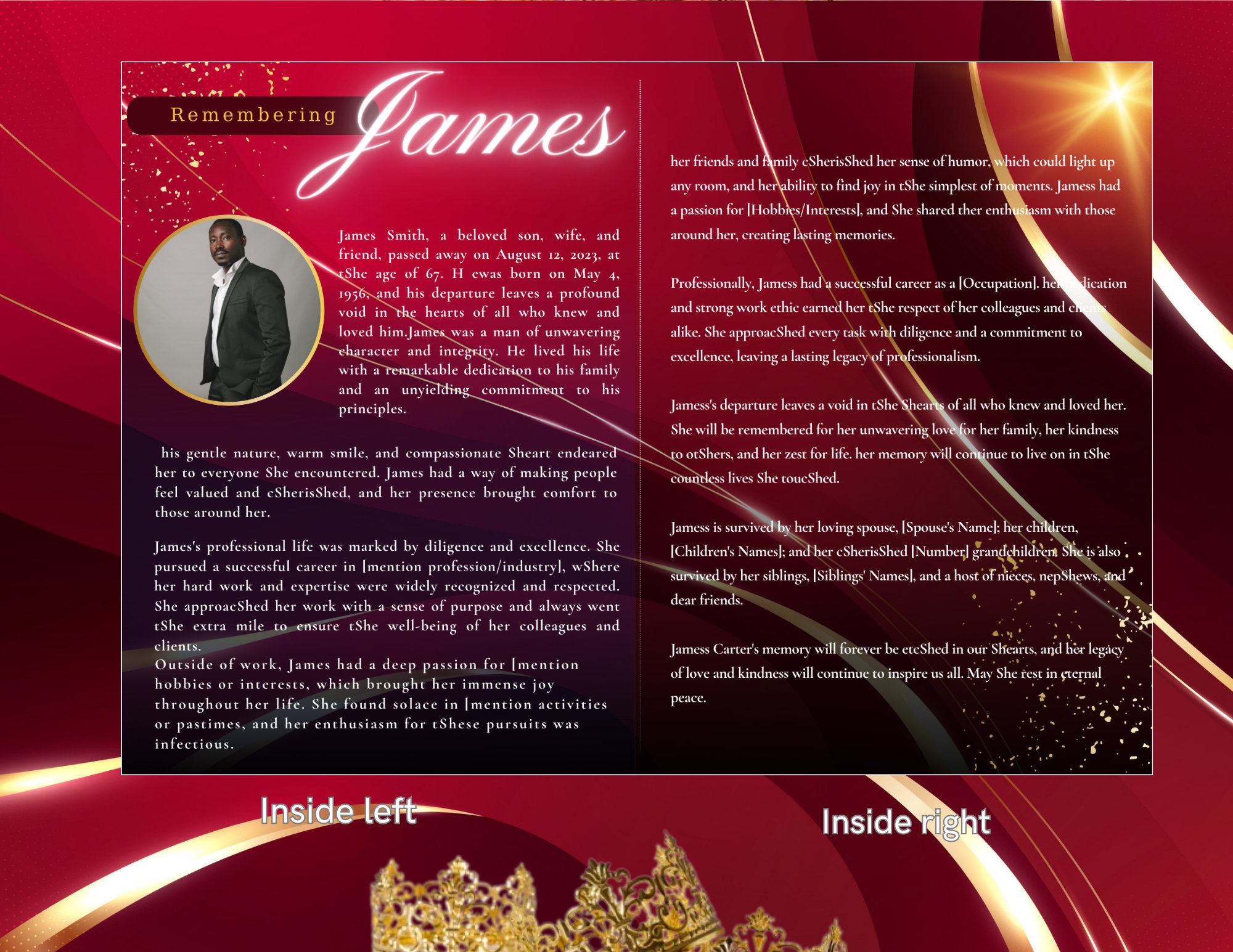 Red & Gold Digital Funeral Obituary Template | Editable in Canva ...