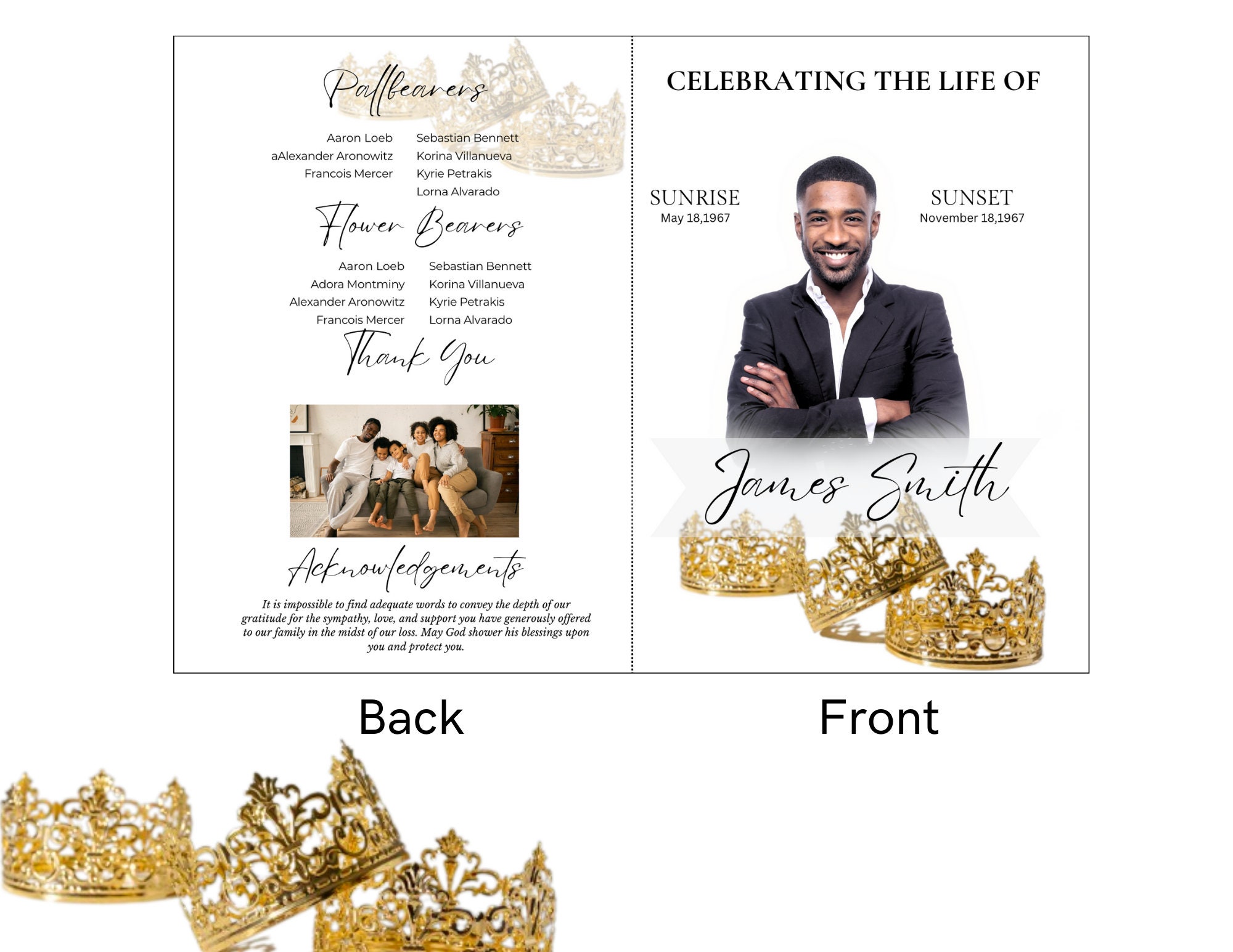 Elegant Crowns Funeral Memorial Obituary Template - Create a Lasting ...