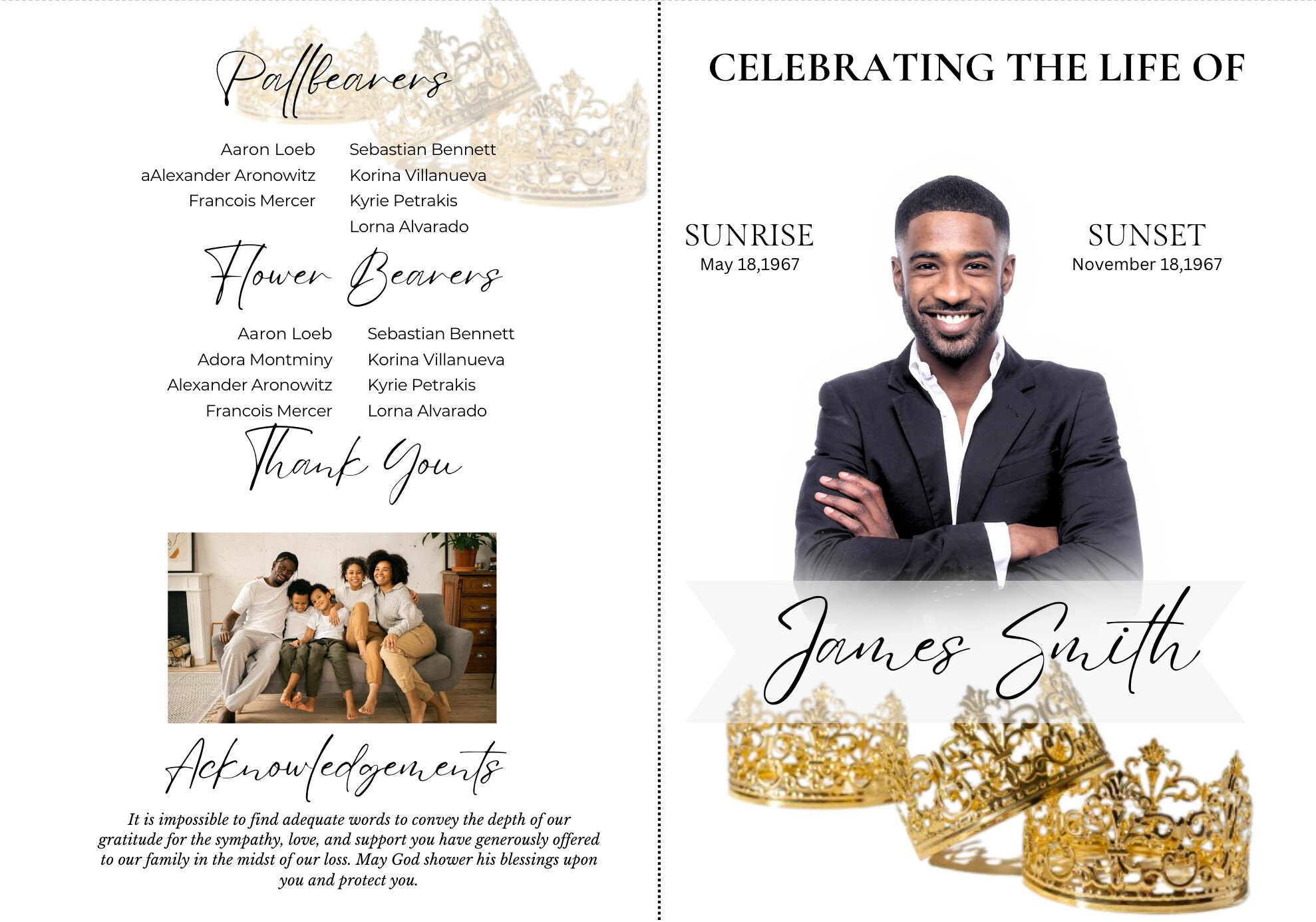 Elegant Crowns Funeral Memorial Obituary Template - Create a Lasting ...