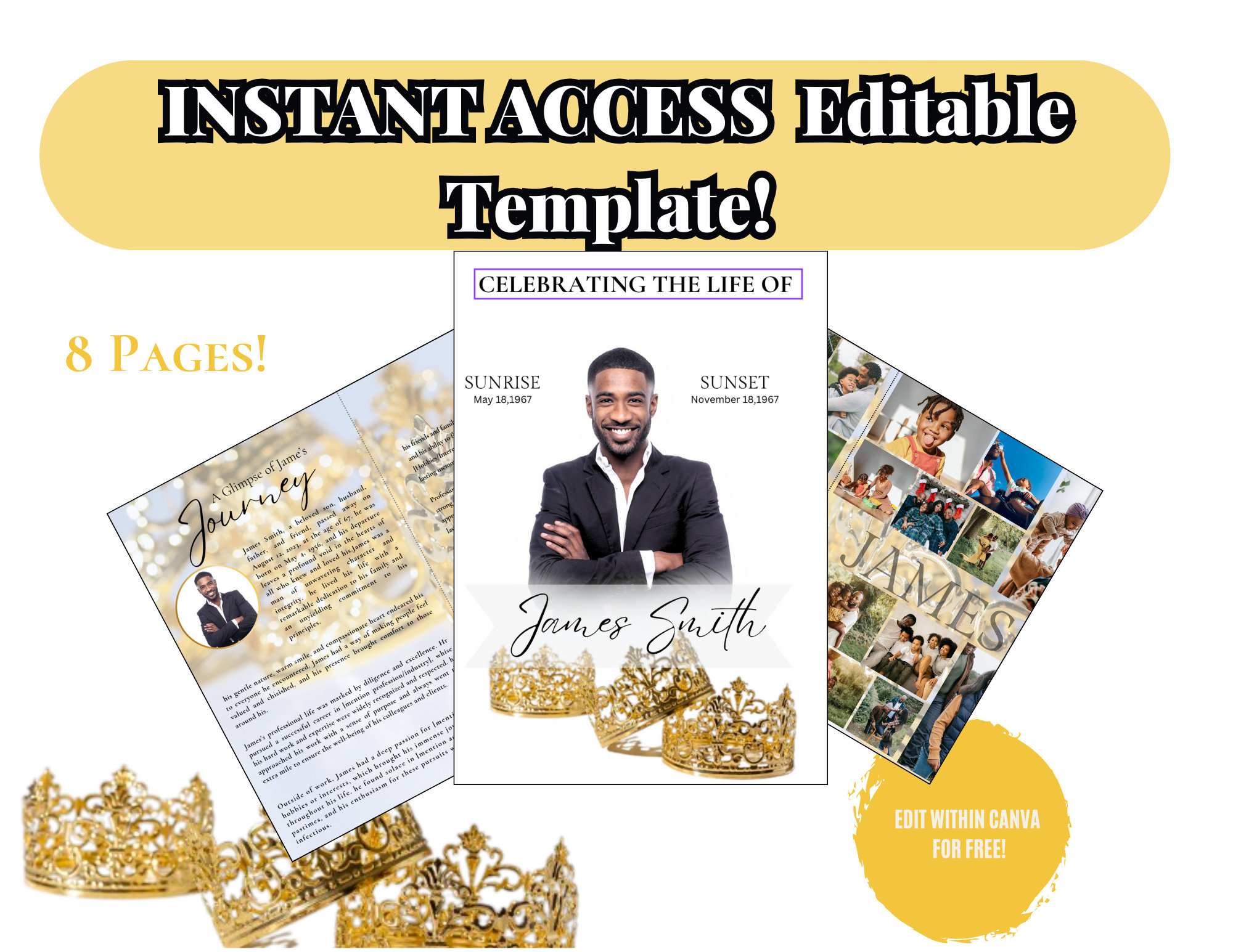 Elegant Crowns Funeral Memorial Obituary Template - Create a Lasting ...