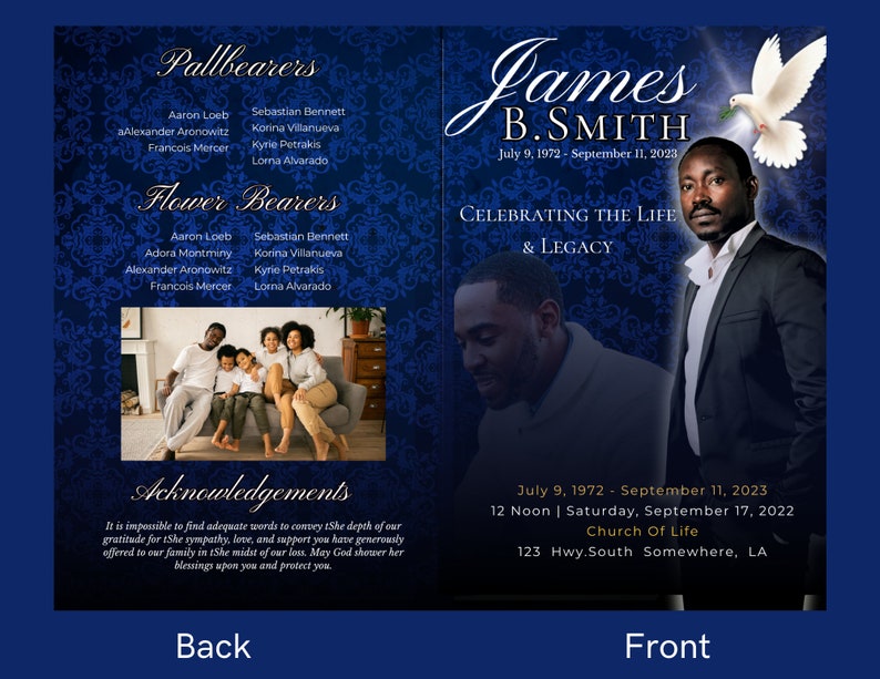 Blue Royalty | Customizable Digital Funeral Obituary Template | Blue ...
