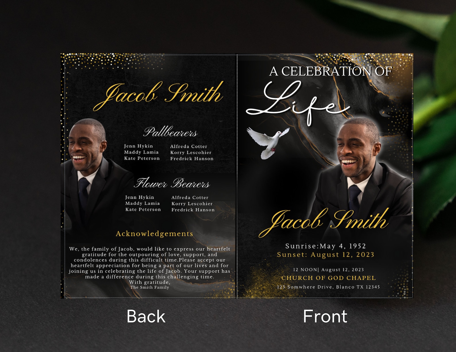 Black and Gold Funeral Memorial Obituary Template | Customizable ...