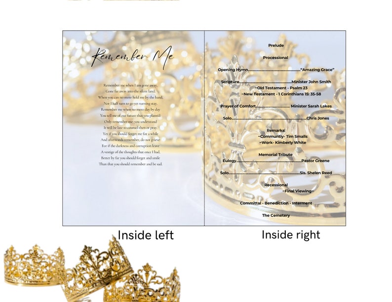Elegant Crowns Funeral Memorial Obituary Template - Create a Lasting ...