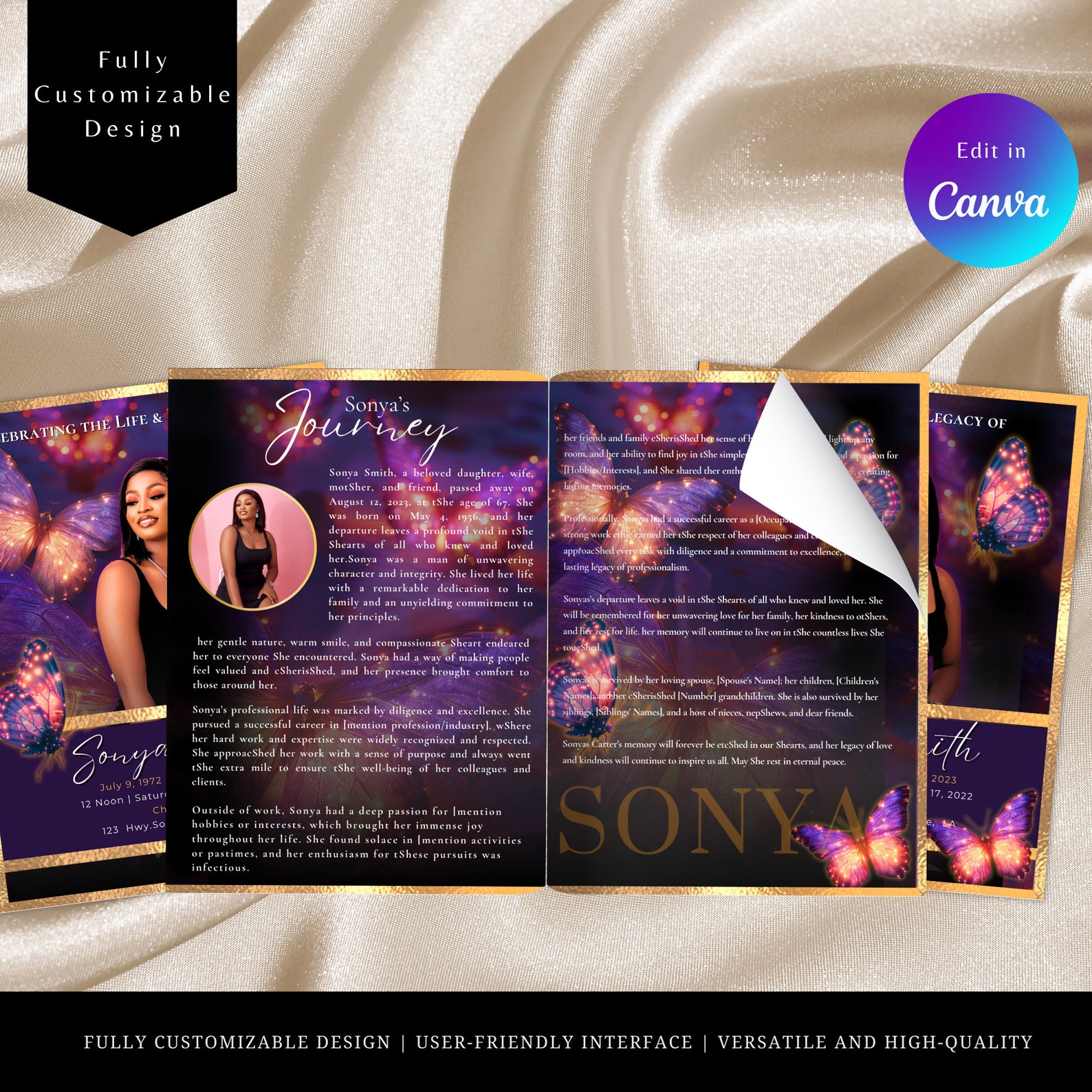 Elegant Butterfly Funeral Obituary Template | Customizable 8-page ...