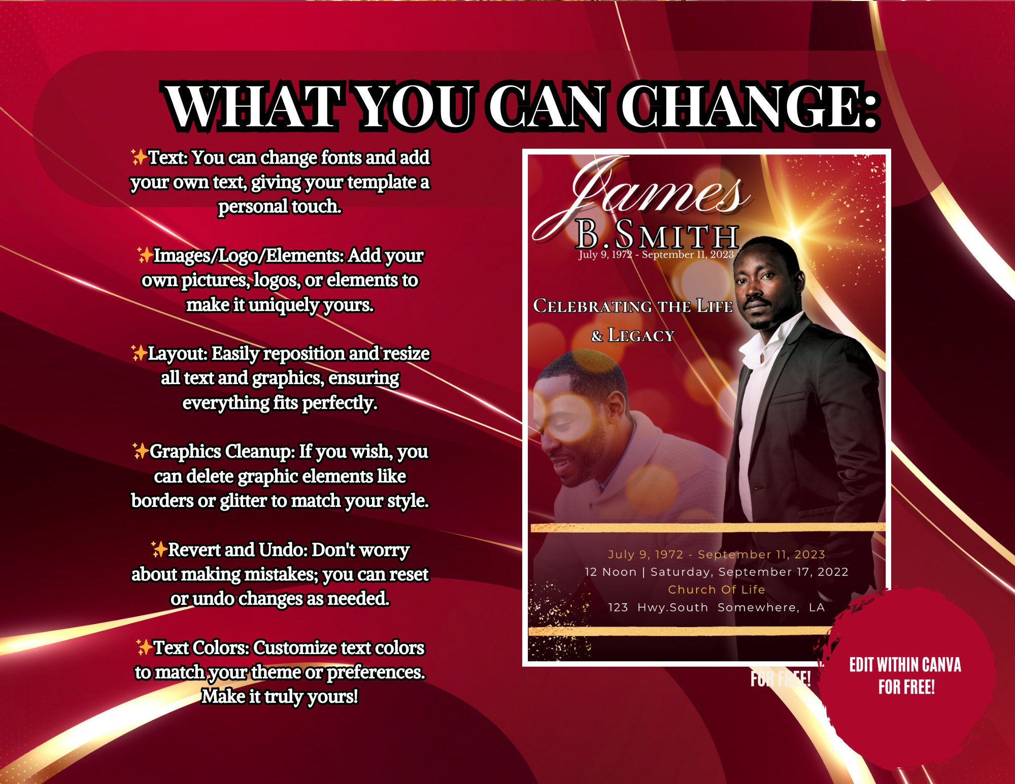 Red & Gold Digital Funeral Obituary Template Editable in Canva ...