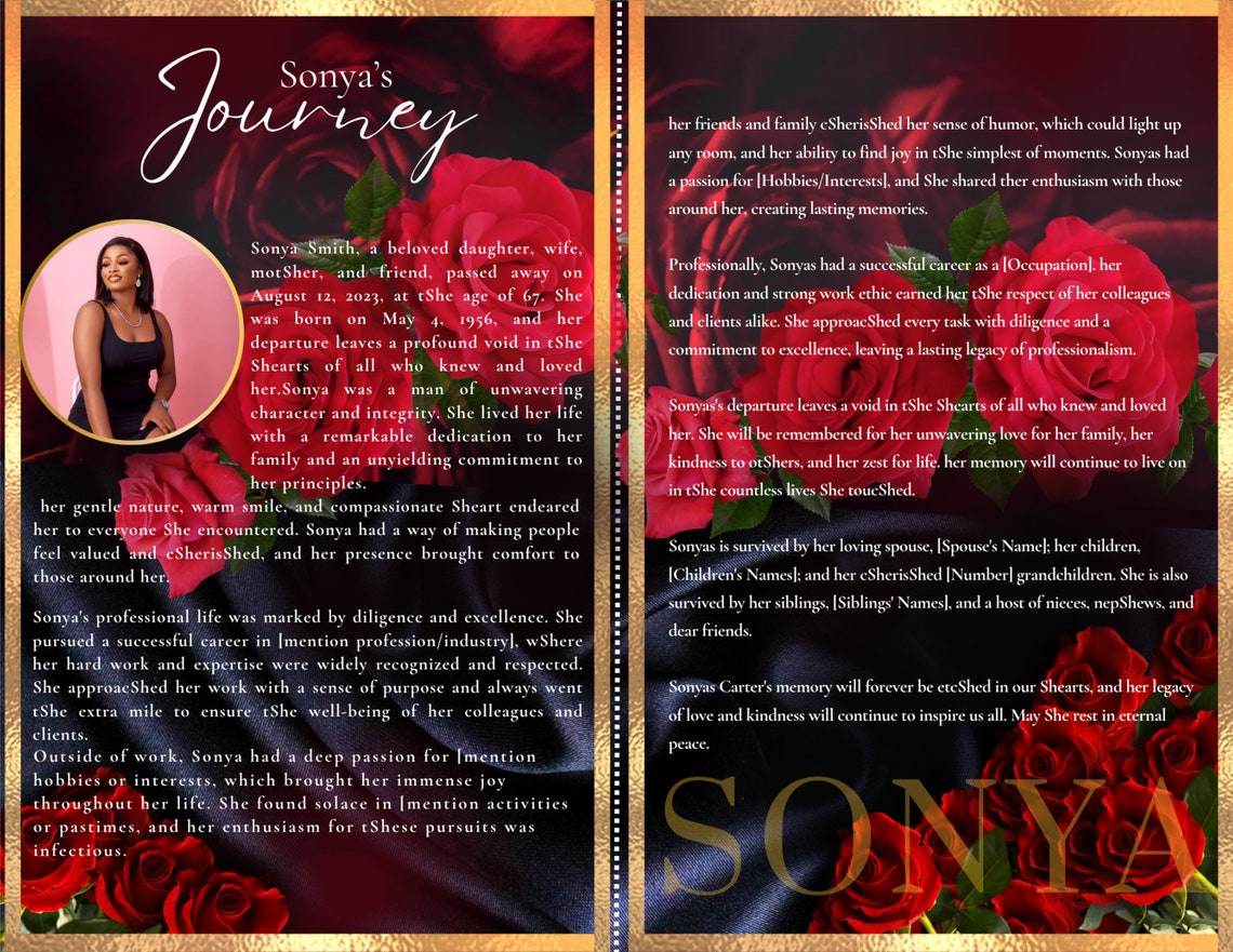 A Rose in the Garden Memorial Funeral Obituary Instant Access - Etsy