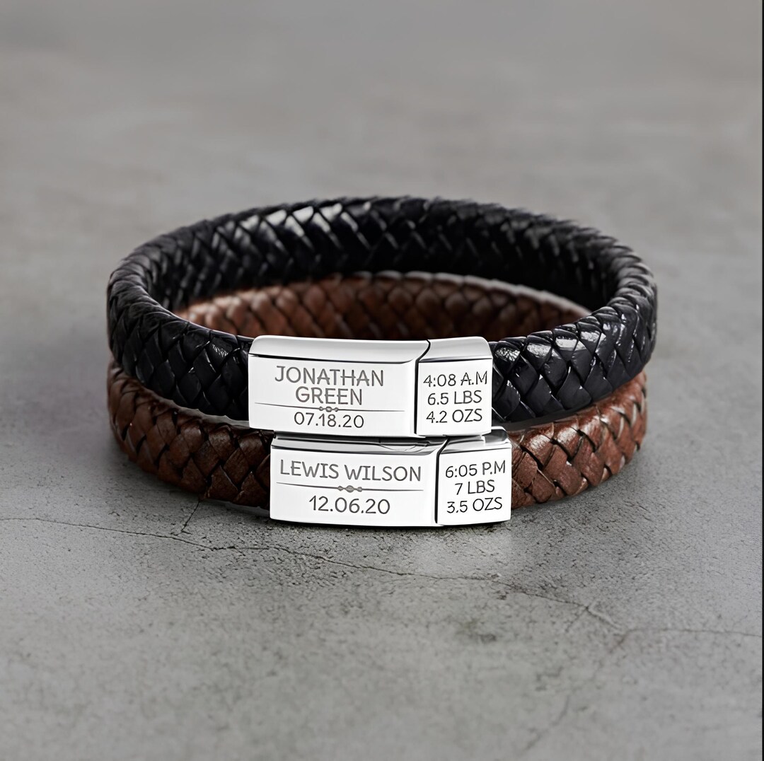 Personalized Leather Dad Bracelet With Kids' Names, Custom Engraved ...