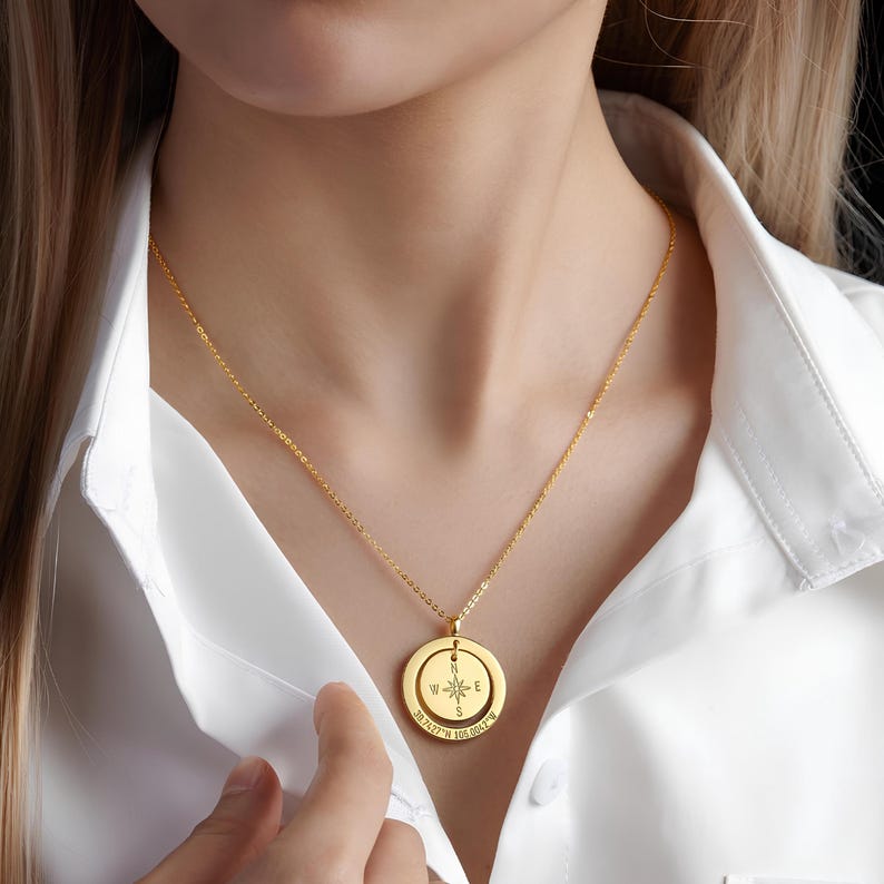 Compass Necklace: Engraved Compass Necklace, Silver & Gold Compass ...