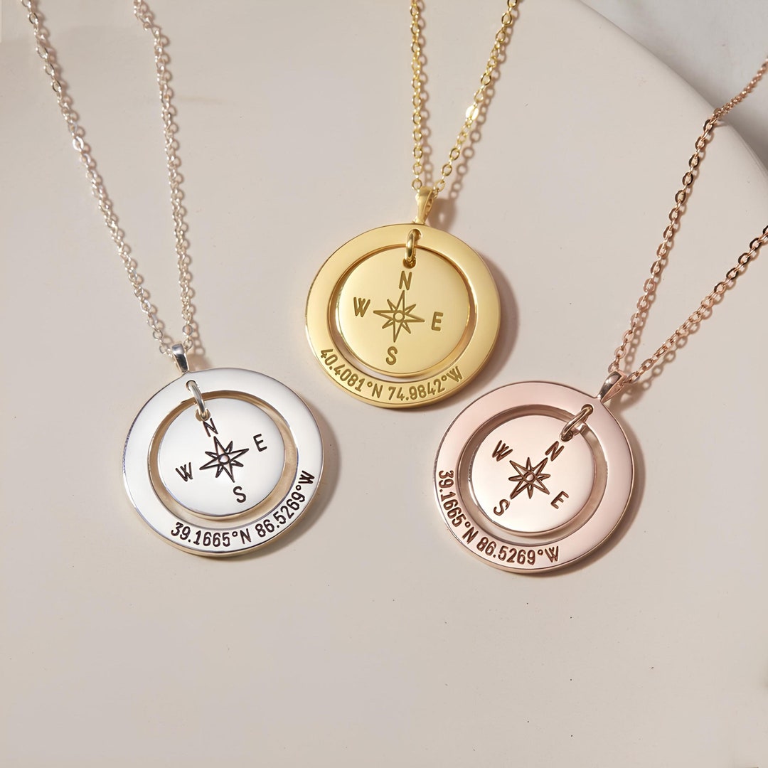 Compass Necklace: Engraved Compass Necklace, Silver & Gold Compass ...