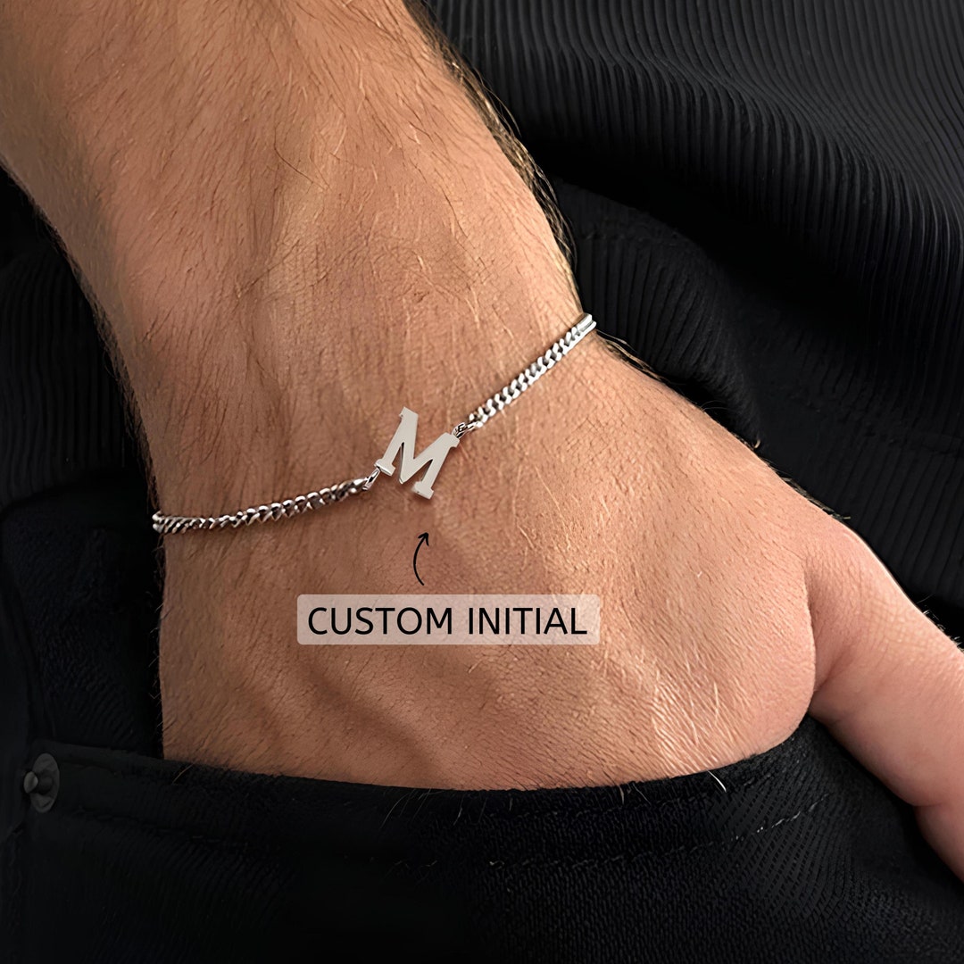 Initial Bracelet for Him: Alphabet Bracelet for Men, Silver Men Initial ...