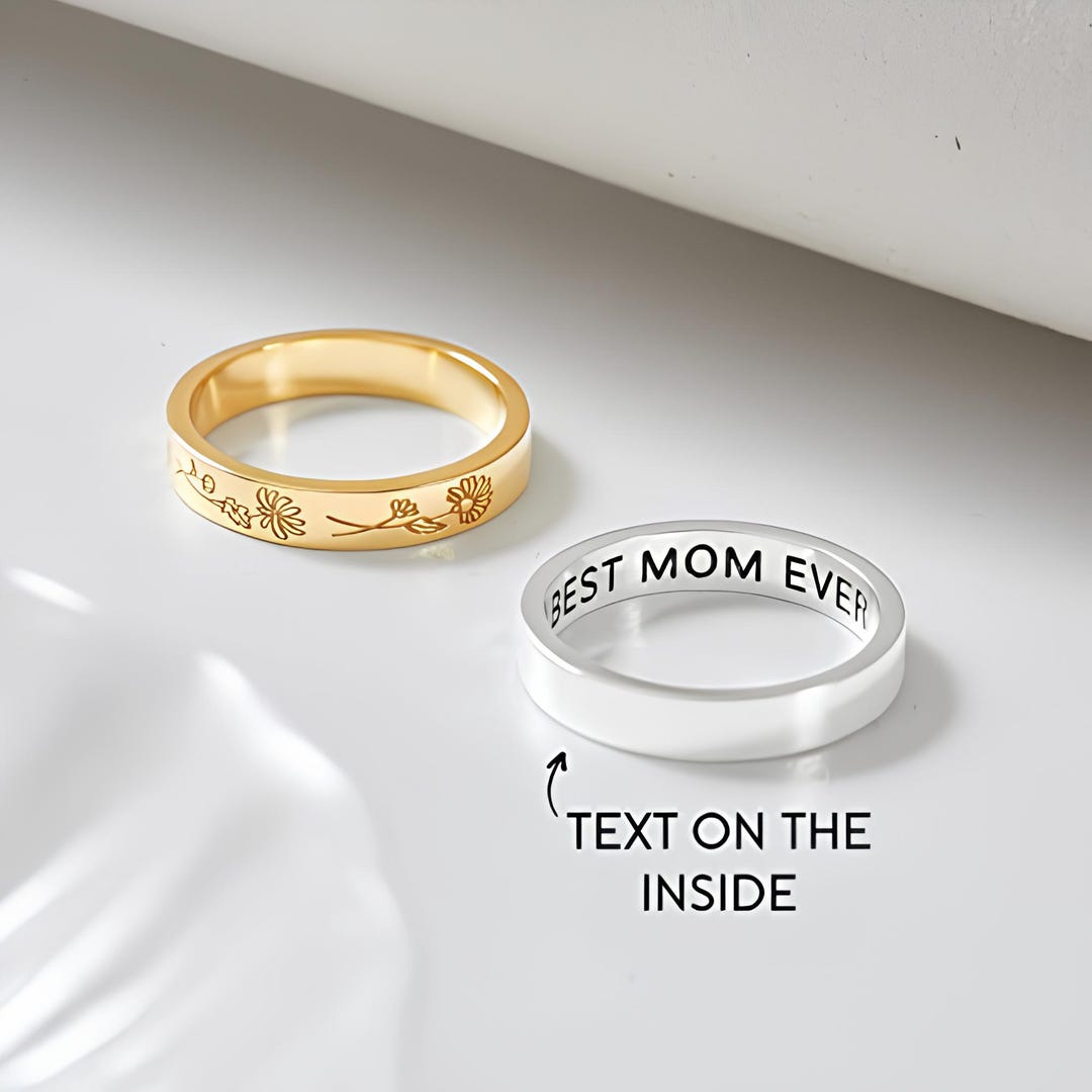 Birth Flower Ring: Custom Birthday Flower Ring Silver, Birth Flower ...