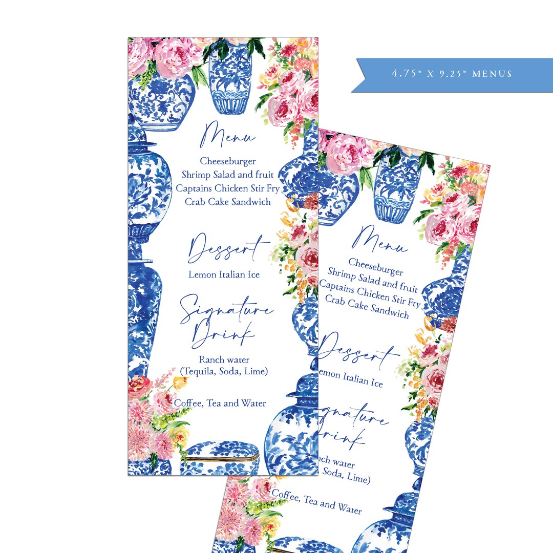 Blue Chinoiserie Menu, Printed, Brunch Menu, Dinner Menu, Shower Menu ...