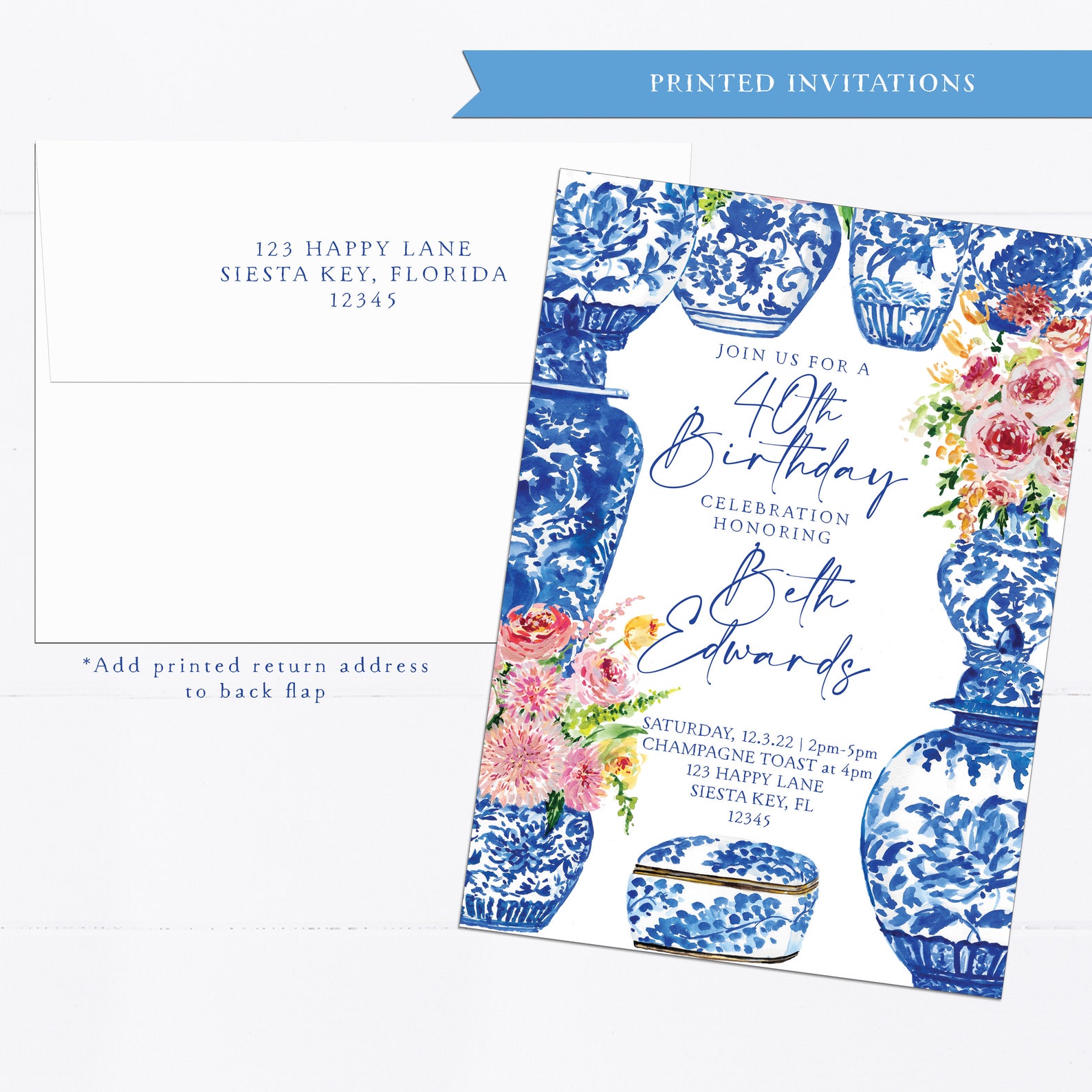 Blue Chinoiserie Invitations Floral Birthday Bridal Shower - Etsy