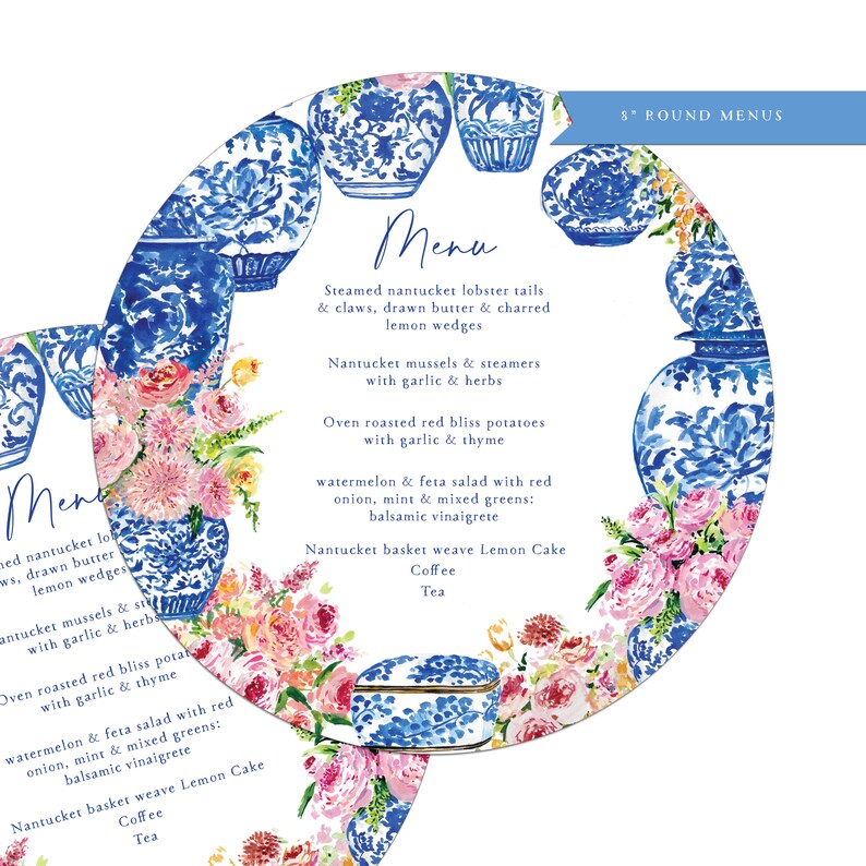 Blue Chinoiserie Menu, Printed, Brunch Menu, Dinner Menu, Shower Menu ...