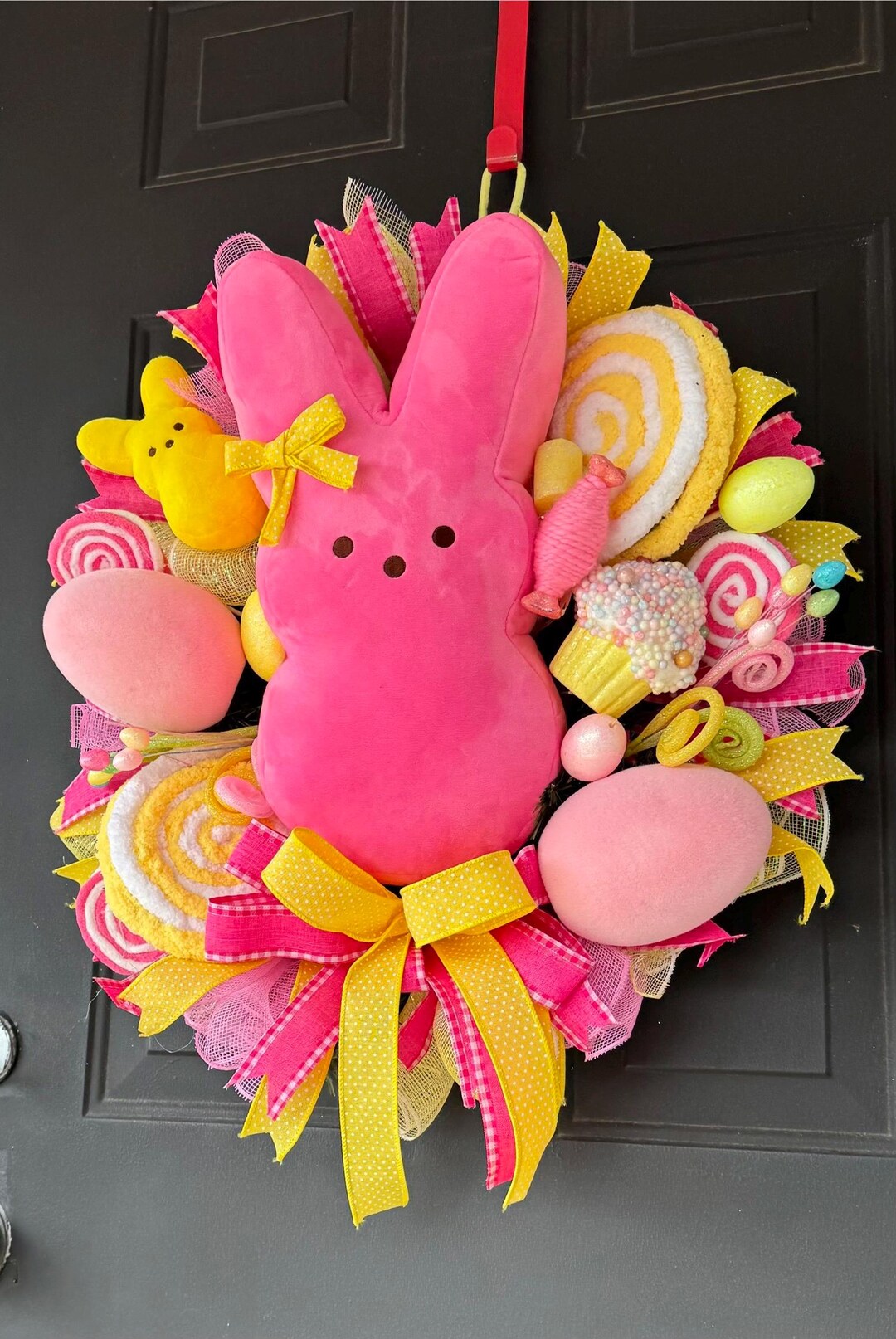 Peeps Bunny Easter Wreath – Pastel Candy Cottage Door Decor, LED Accent ...