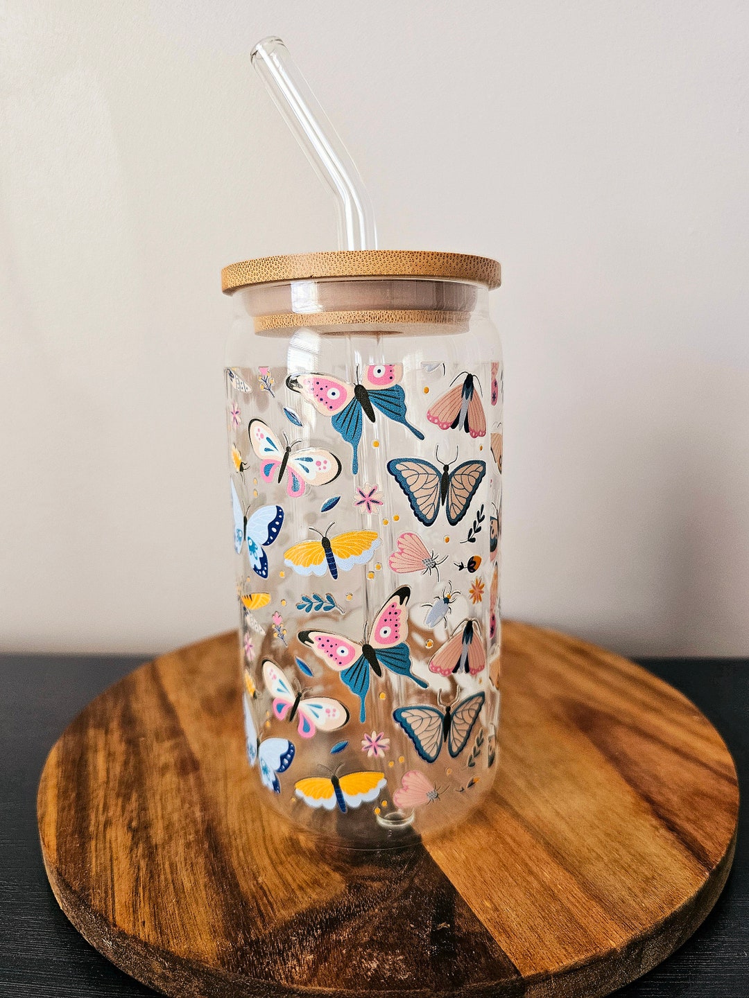 Boho Butterflies and Dragonfly Glass Tumbler, Iced Coffee Glass, Cute ...