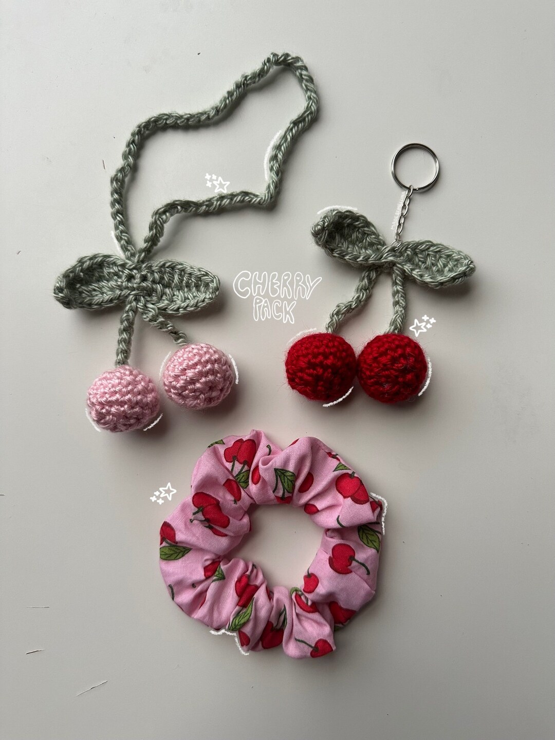 Cherry Pack, Cherry Scrunchie, Crochet Cherry Keychain, Hanging Crochet ...